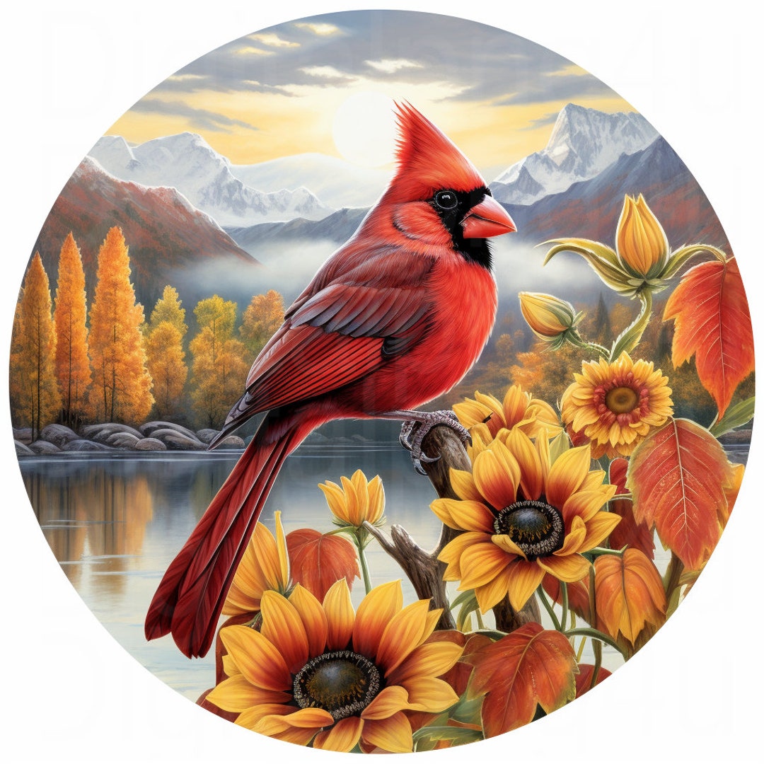 Beautiful Cardinal and Sunflowers Fall Round Png Sublimation Digital ...