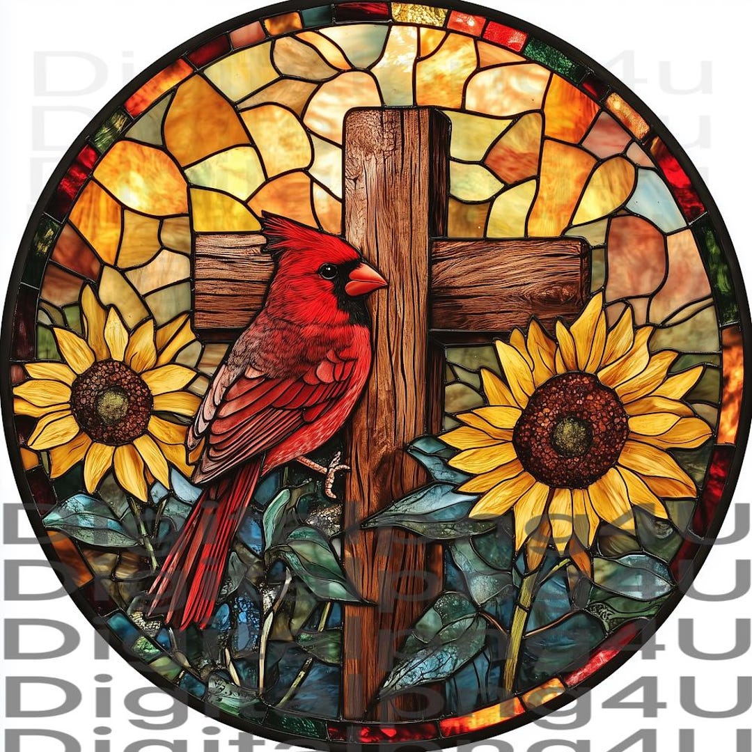 Cross and Cardinal Round Stained Glass Style PNG Sublimation DIGITAL ...
