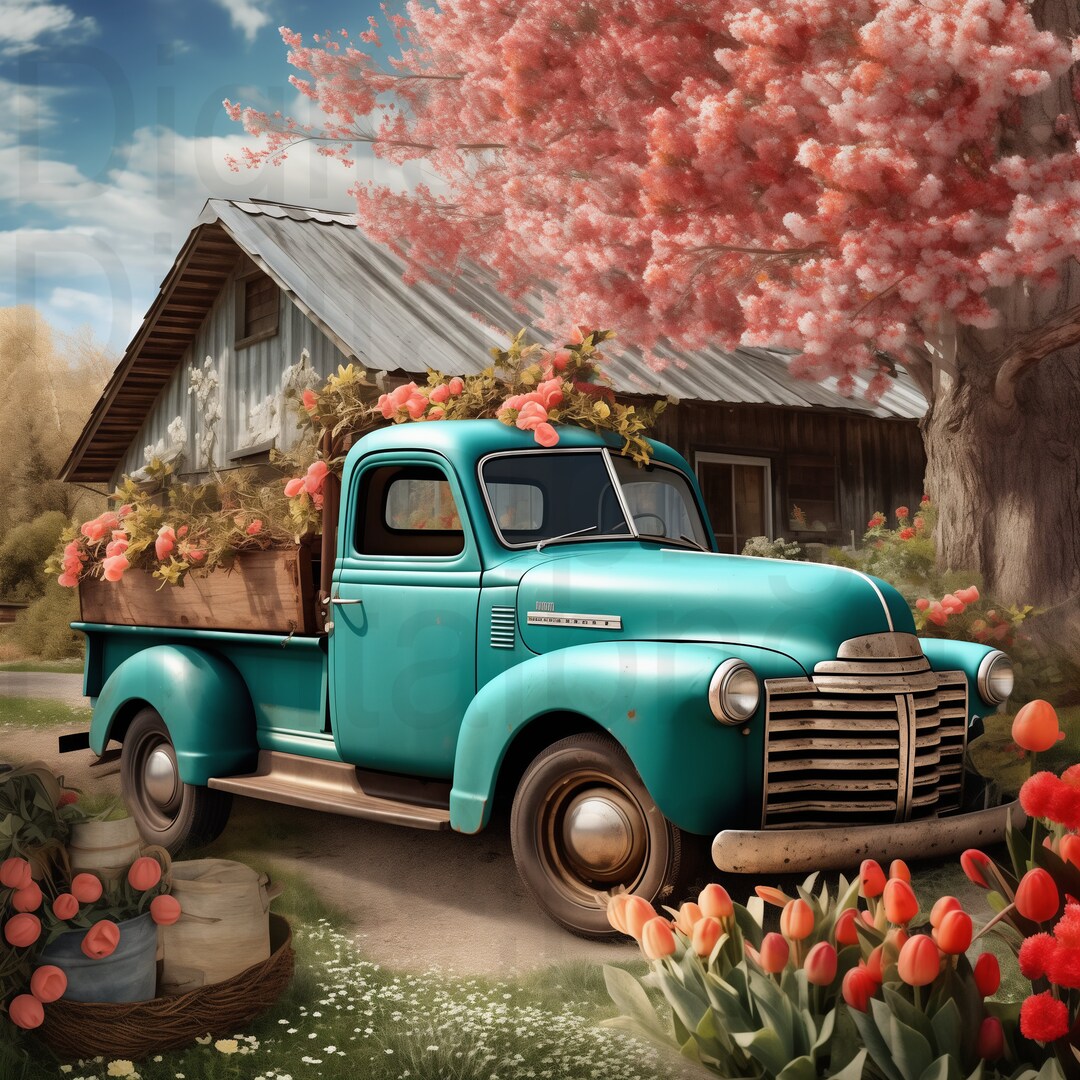 Truck Old Teal Truck Spring Time Png Sublimation Digital Design ...