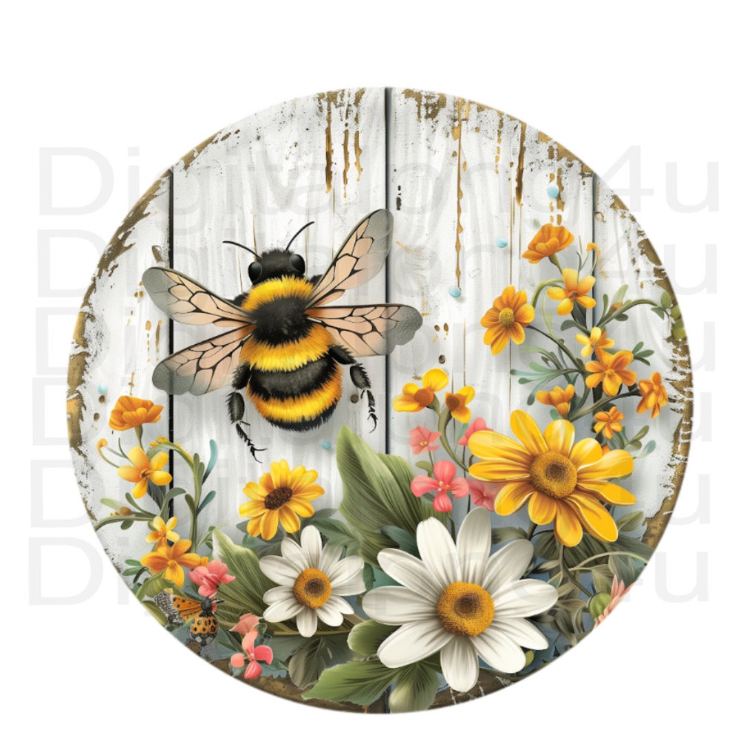 Bee and Flowers Rustic Round PNG Sublimation Digital Design Download ...