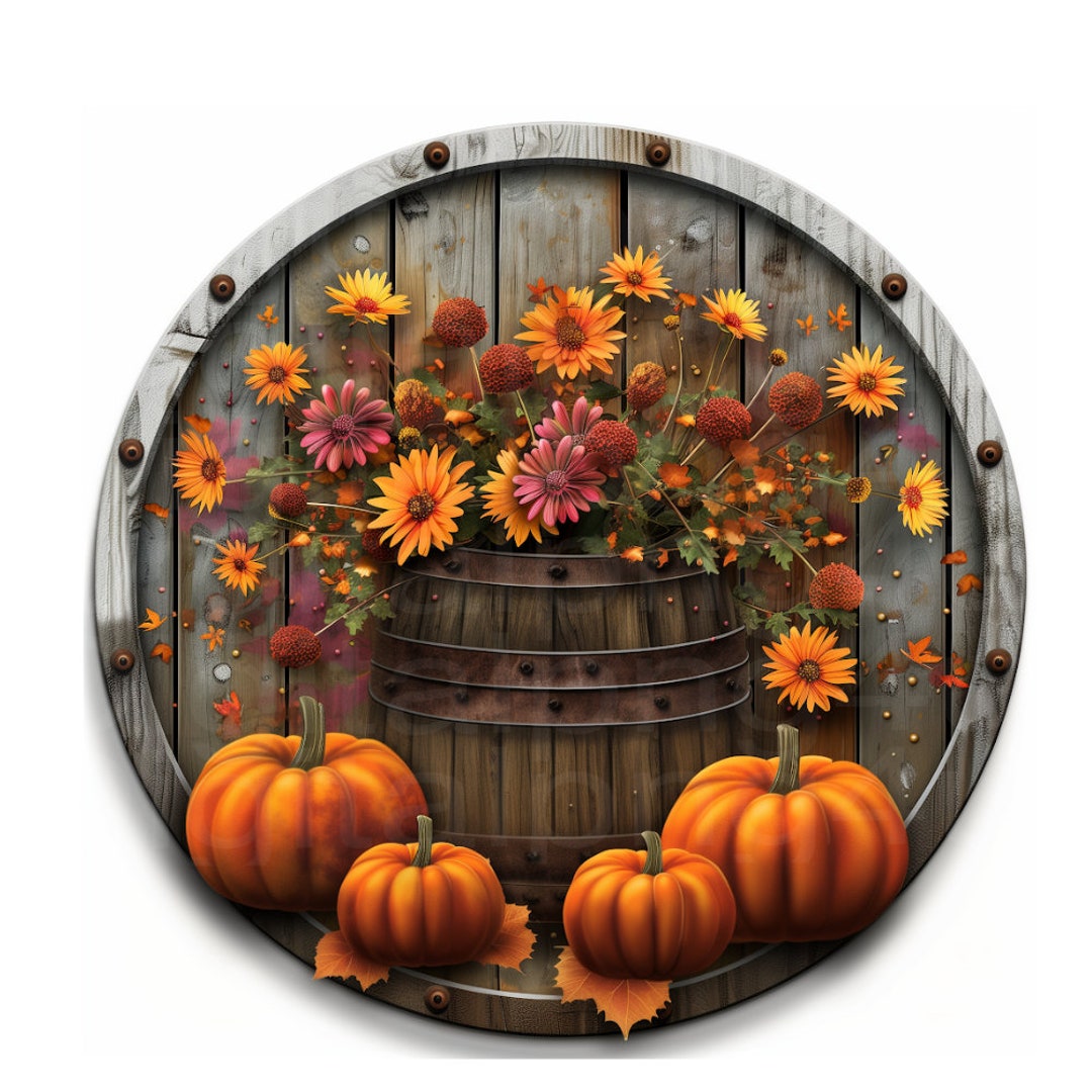 Fall Barrel of Flowers and Pumpkins Round PNG Sublimation Digital ...