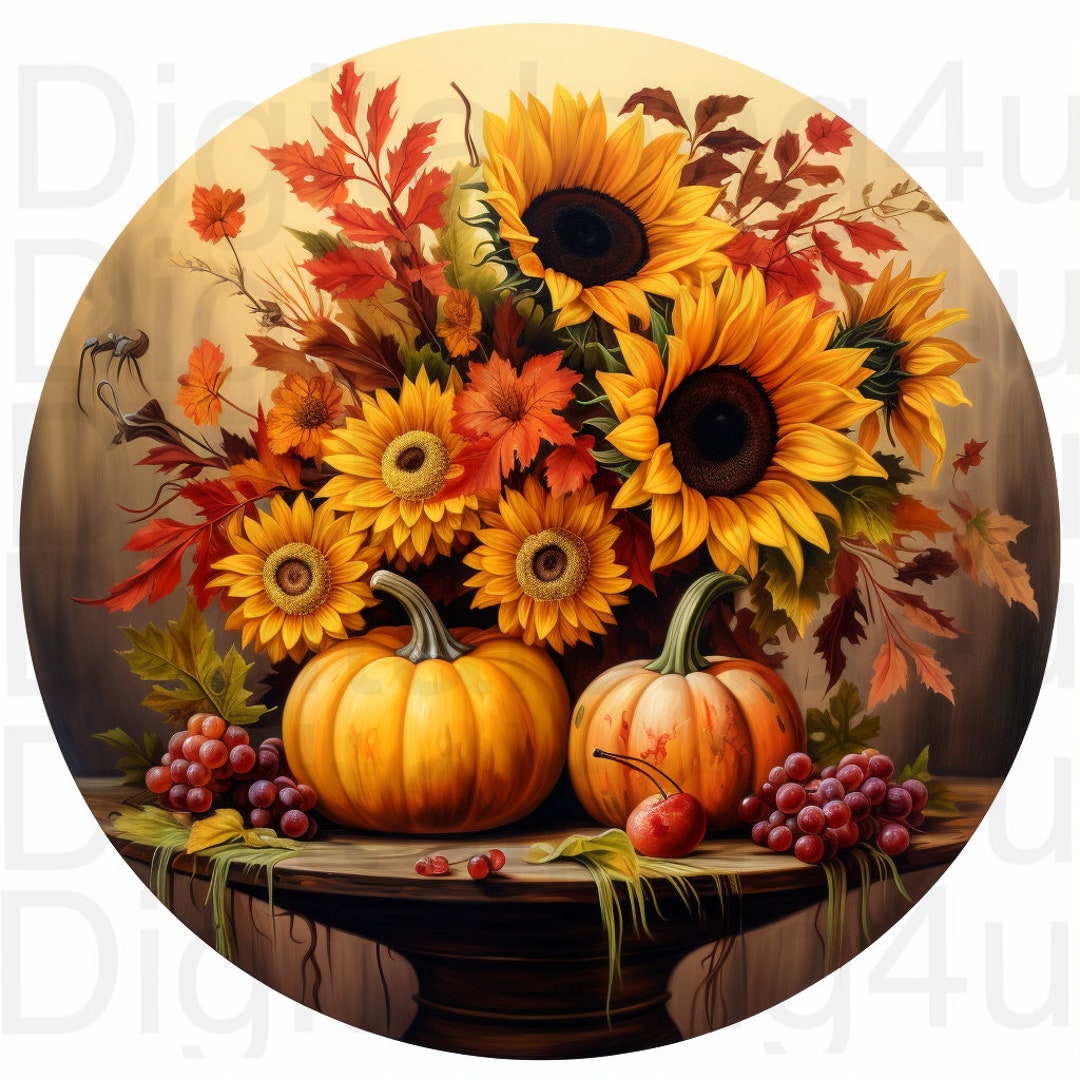 Sunflowers Pumpkins Fall Round Png Sublimation Digital Design Download ...