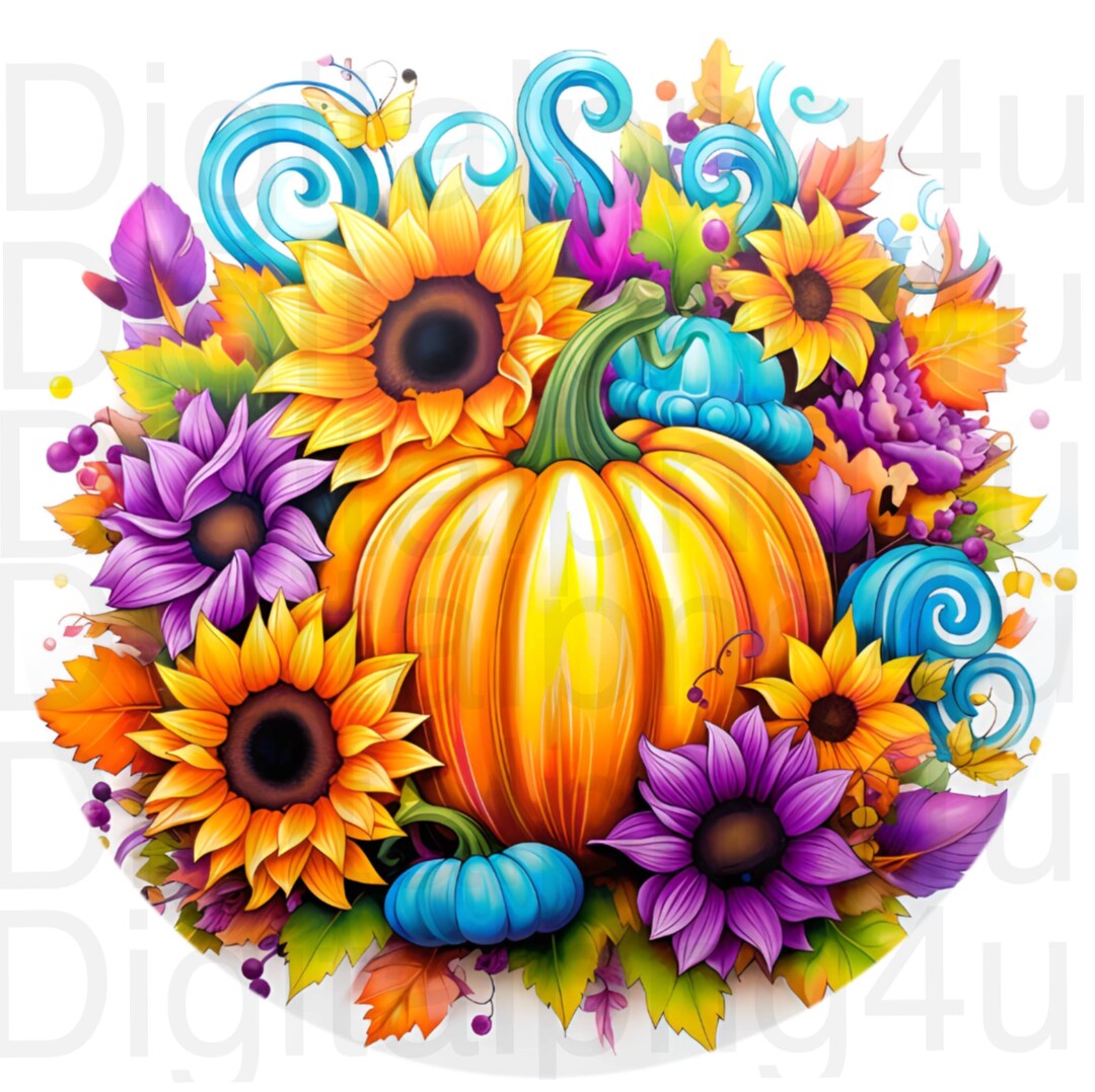 Pumpkins Fall Flowers Colorful Round Png Sublimation Digital Design ...