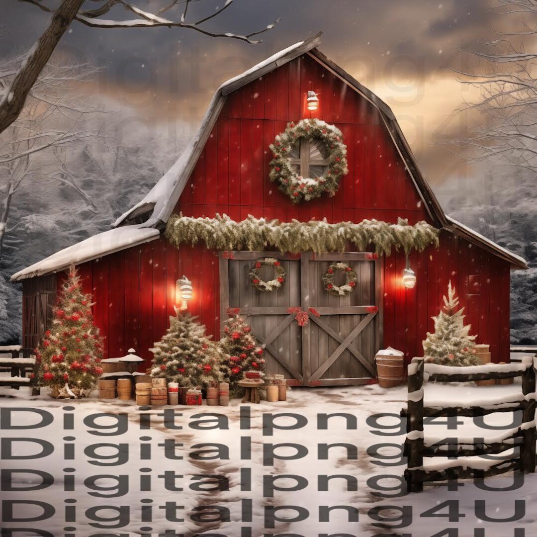 Barn Red Christmas Barn PNG Sublimation DIGITAL DESIGN Download Wreath ...