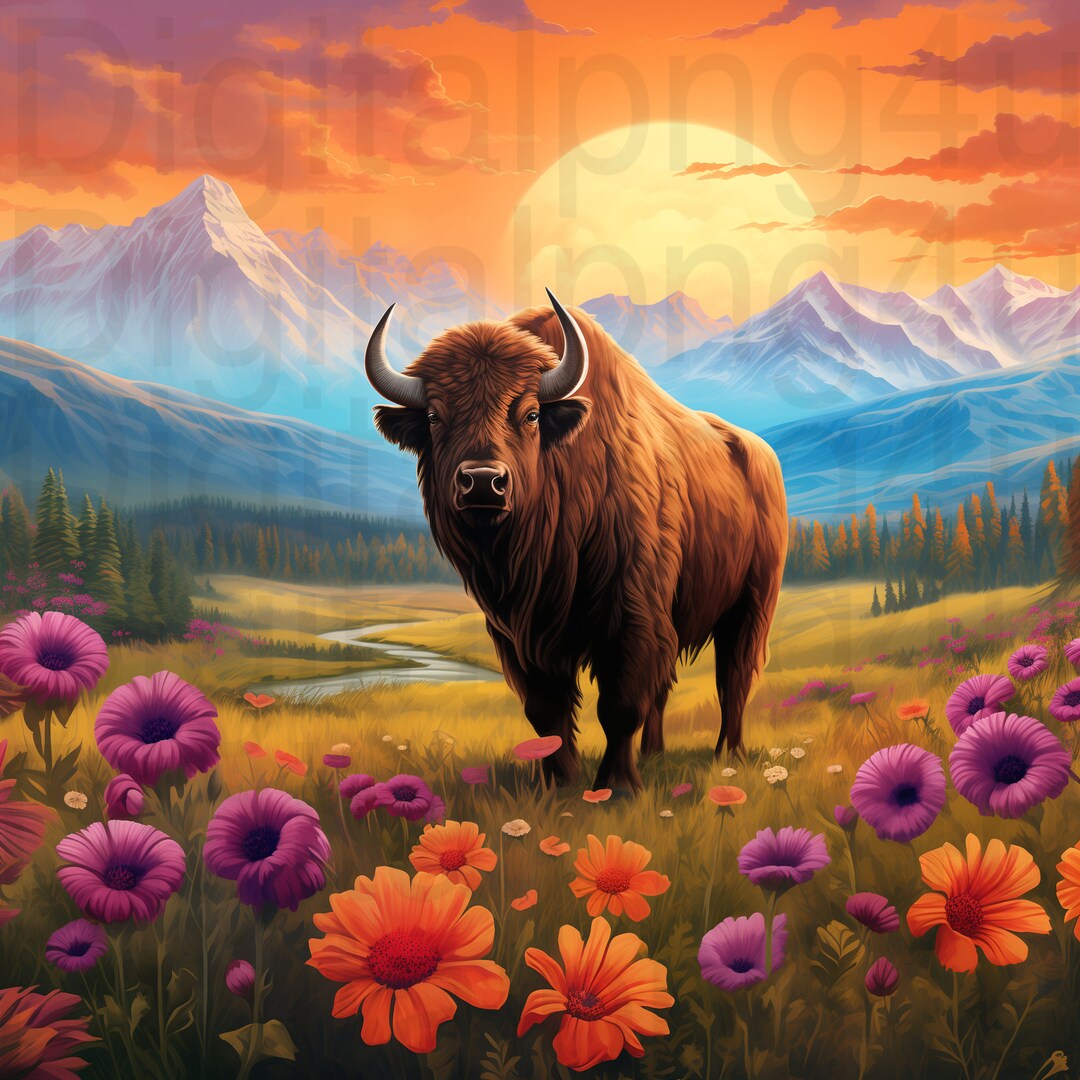 Bison and Flowers Png Sublimation Digital Design Download Wreath Sign ...