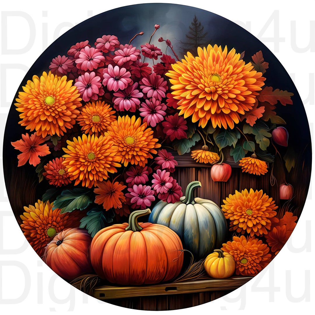 Beautiful Fall Pumpkins and Mums Round Png Sublimation Digital Design ...