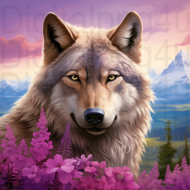 Wolf and Flowers Png Sublimation Digital Design Download Wreath Sign ...