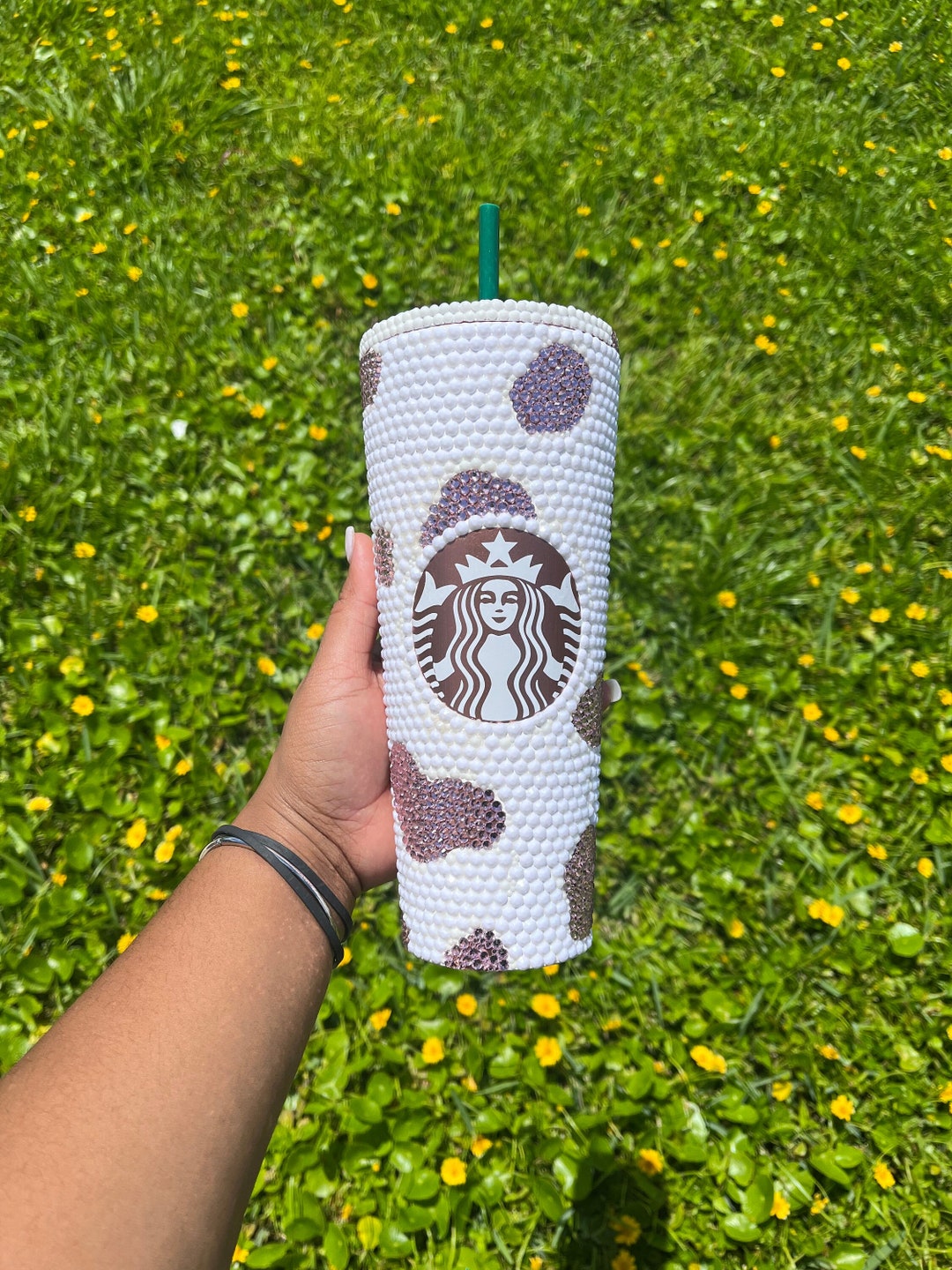 Rhinestone White & Pink Cow Print Tumbler | 24oz Tumbler | Sparkling ...