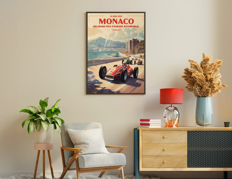 Monaco Grand Prix Print, Vintage Wall Art, Car Race Poster, 1955 Grand ...