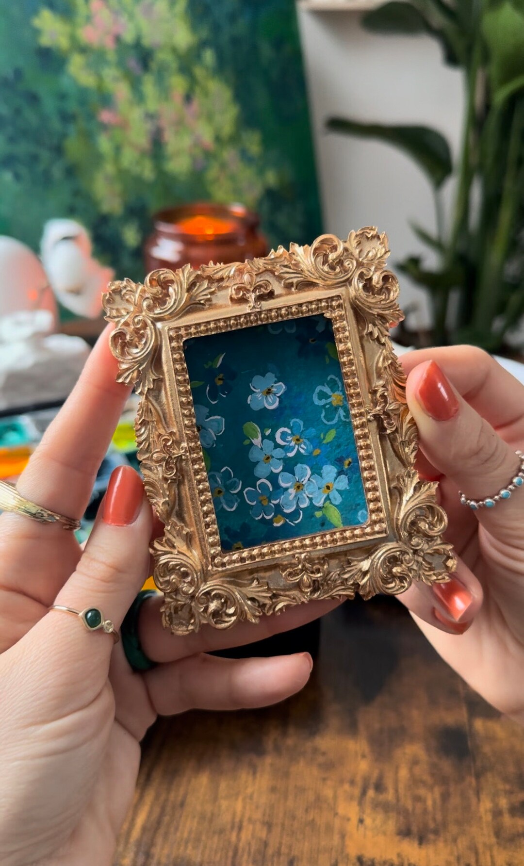 Unique Still Life With Blue Forget-me-not Painting in a Handmade Gold ...