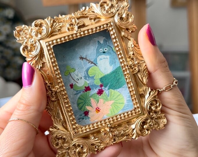 Totoro-inspired Gouache Painting in Vintage Frame| Original Handmade ...