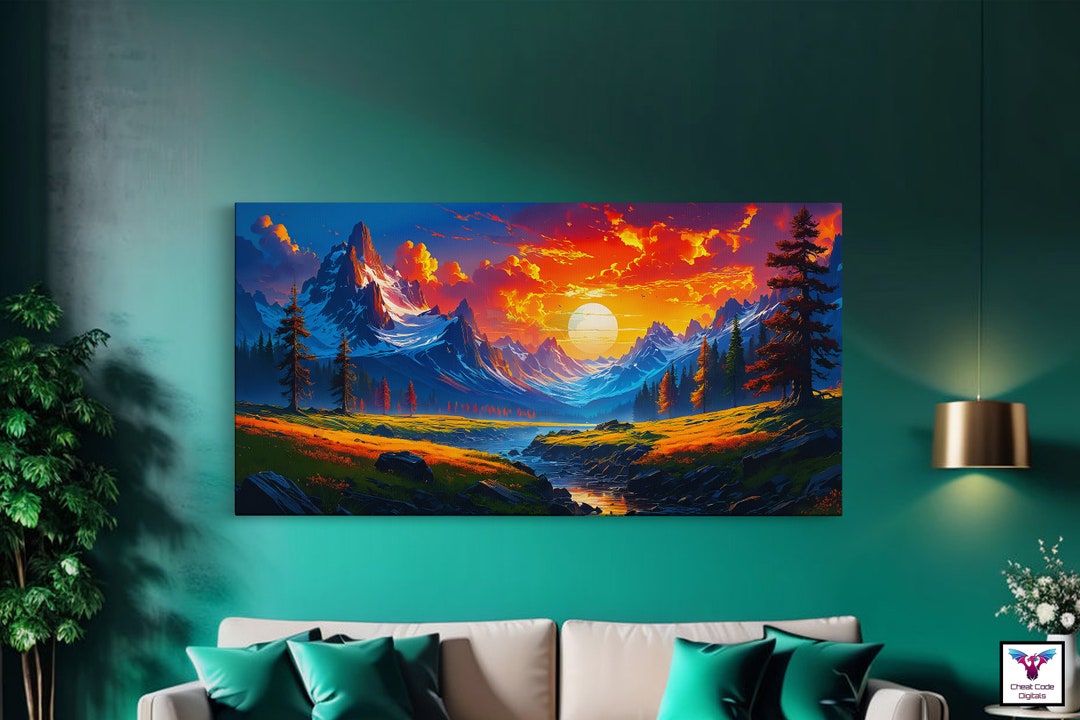 Sunset Mountains Landscape Stretched Canvas, Stylized Framed and ...