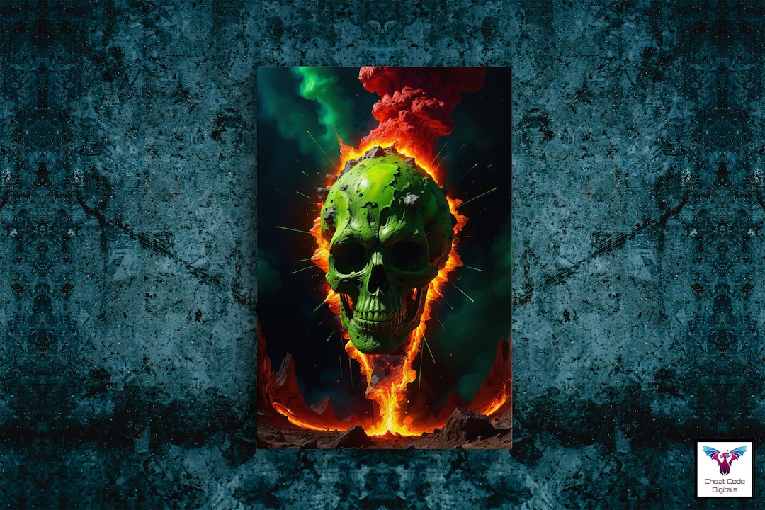 Green Fire Skull Stretched Canvas, Framed and Unframed, 10K Hyper ...