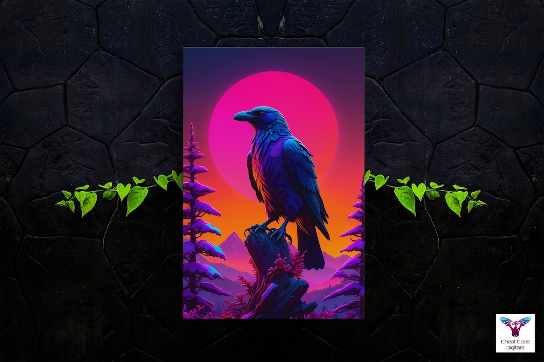Synth Wave Raven Sunset Stretched Canvas, Bird Watching Framed and ...
