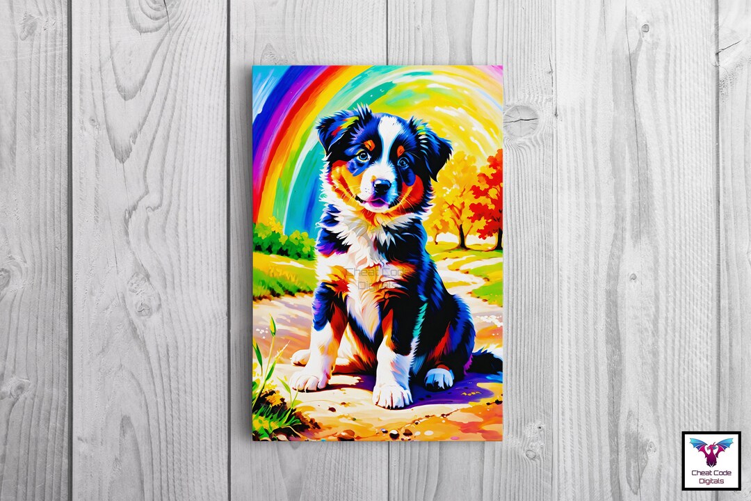 Rainbow Puppy Watercolor Painting Stretched Canvas, Cute Dog Art ...
