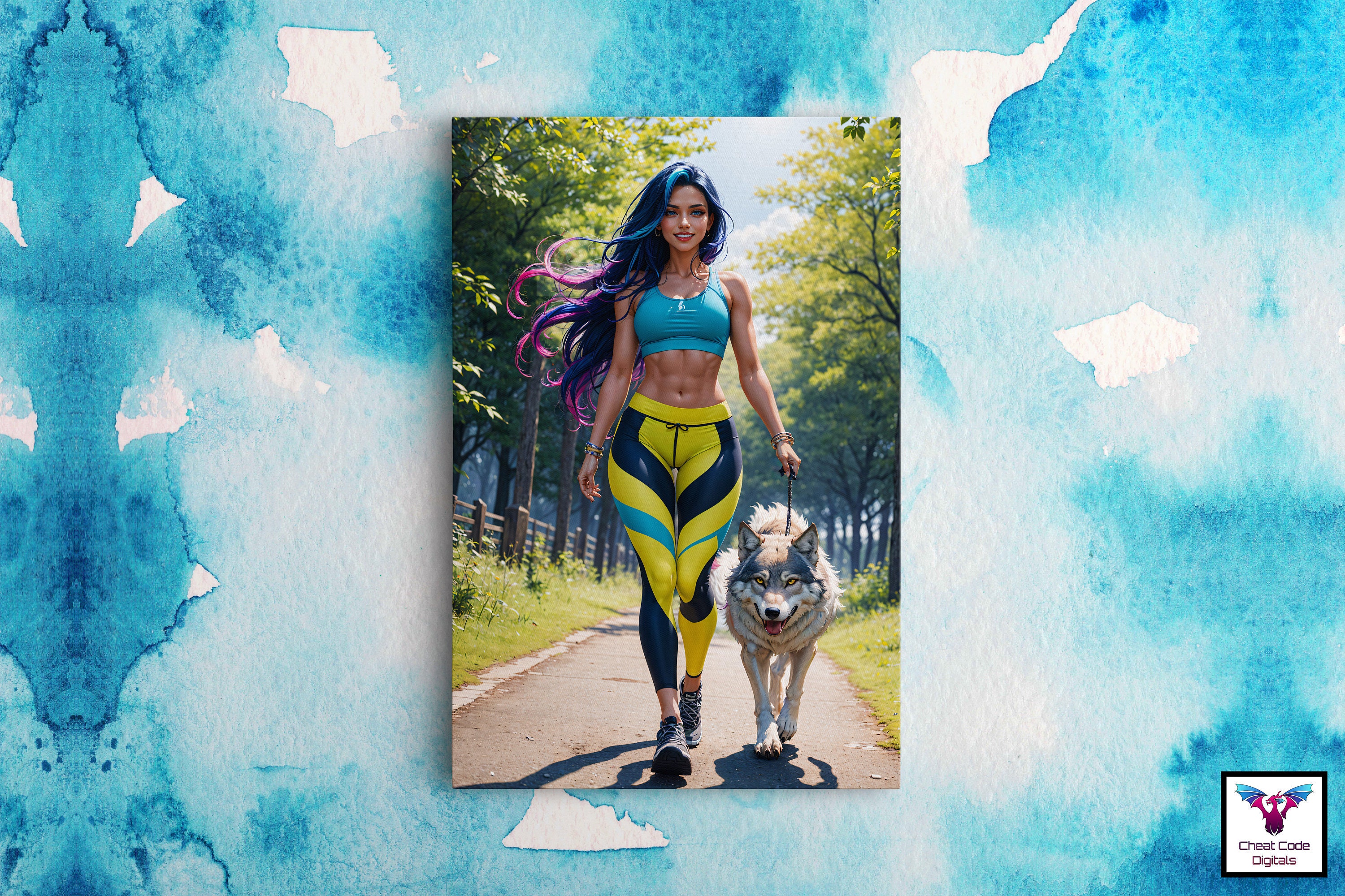Fitness Girl Walking Pet Wolf, Stretched Canvas, Framed and Unframed ...