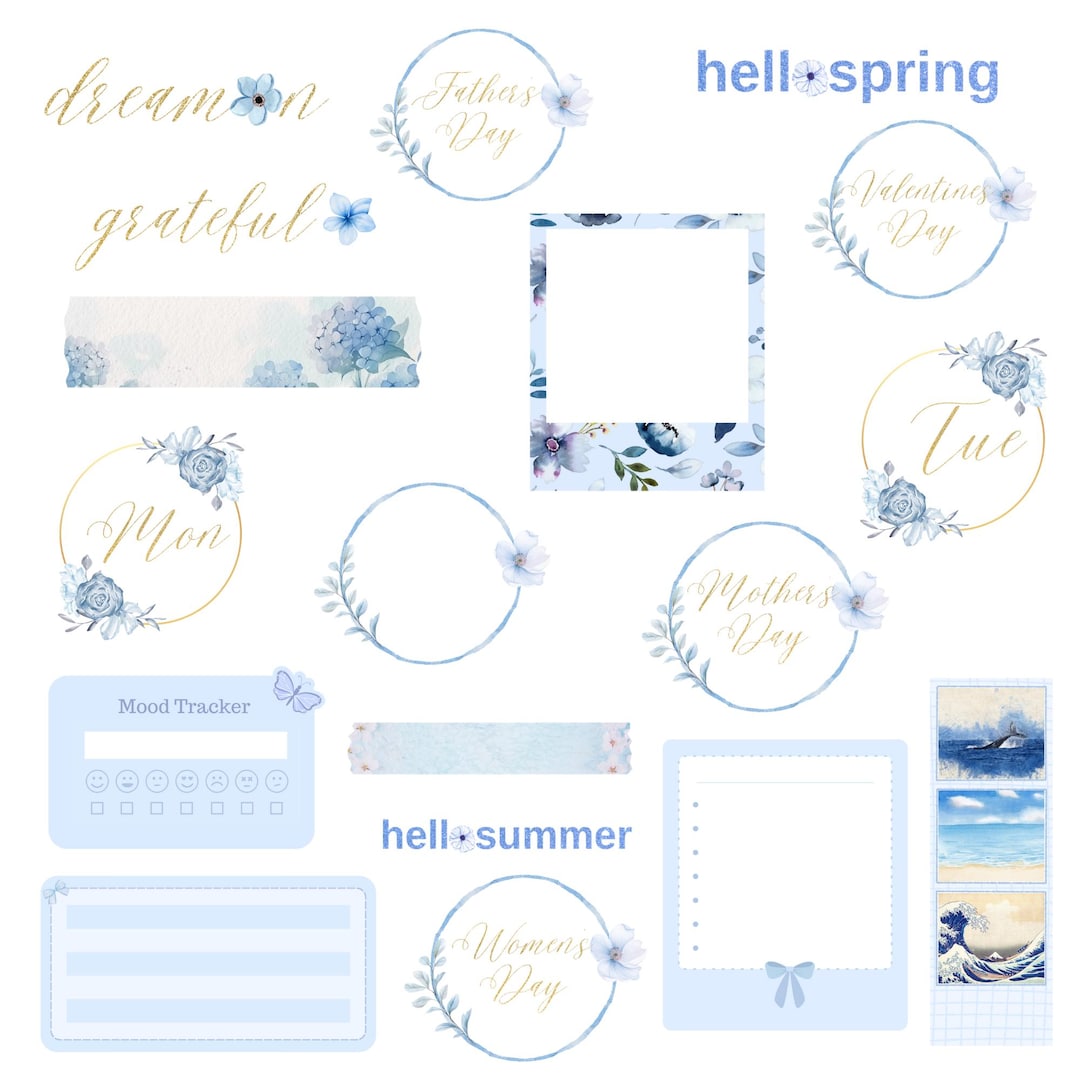 Blue Aesthetic Stickers, Digital Pngs for Goodnotes, Weekly Planner ...