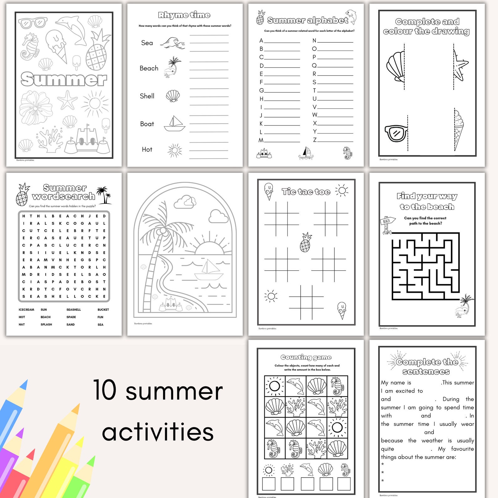 10 Summer Activity Worksheets for Kids, Busy Board Parts, Coloring ...