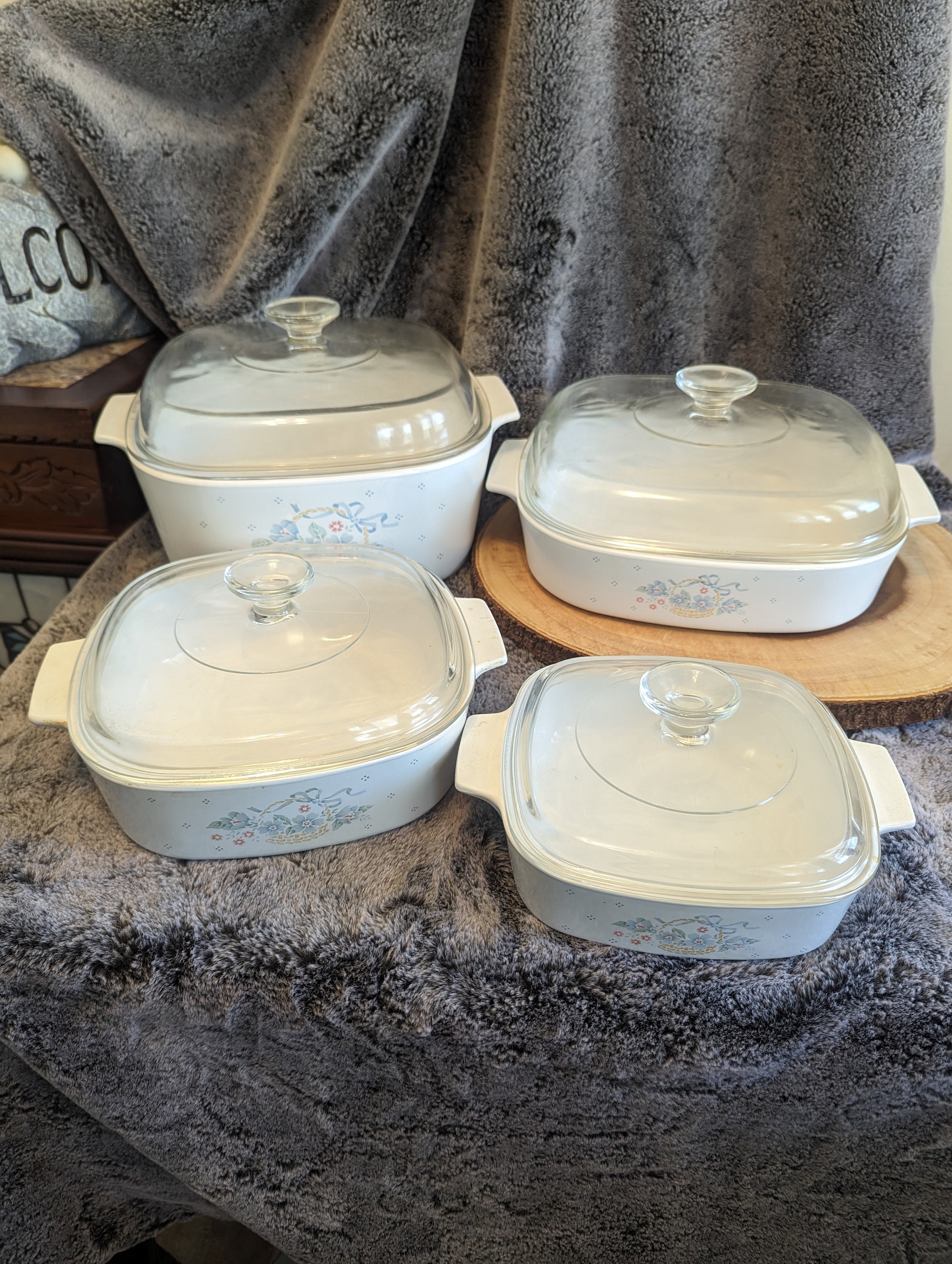 Vintage 1980s Blue Ribbon Flower Basket Corningware 8 Piece Set 4 ...