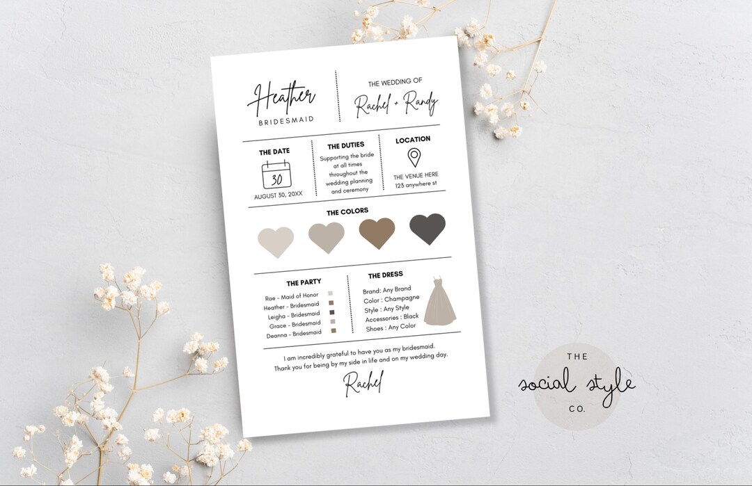 Bridesmaid Info Card Bridal Party Info Card Canva Template - Etsy