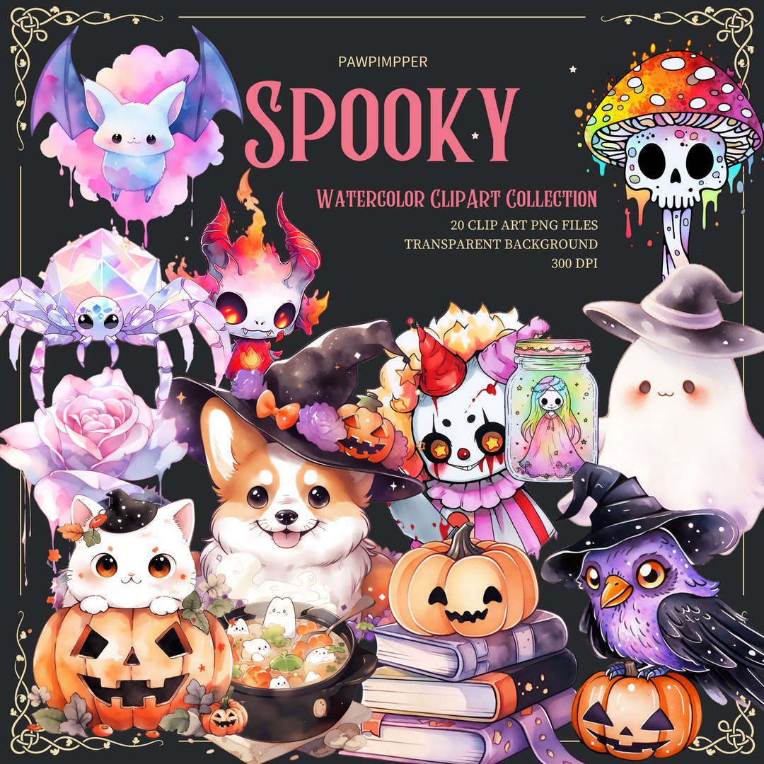 20 PNG Spooky Clipart Collection, Halloween Watercolor, Transparent ...