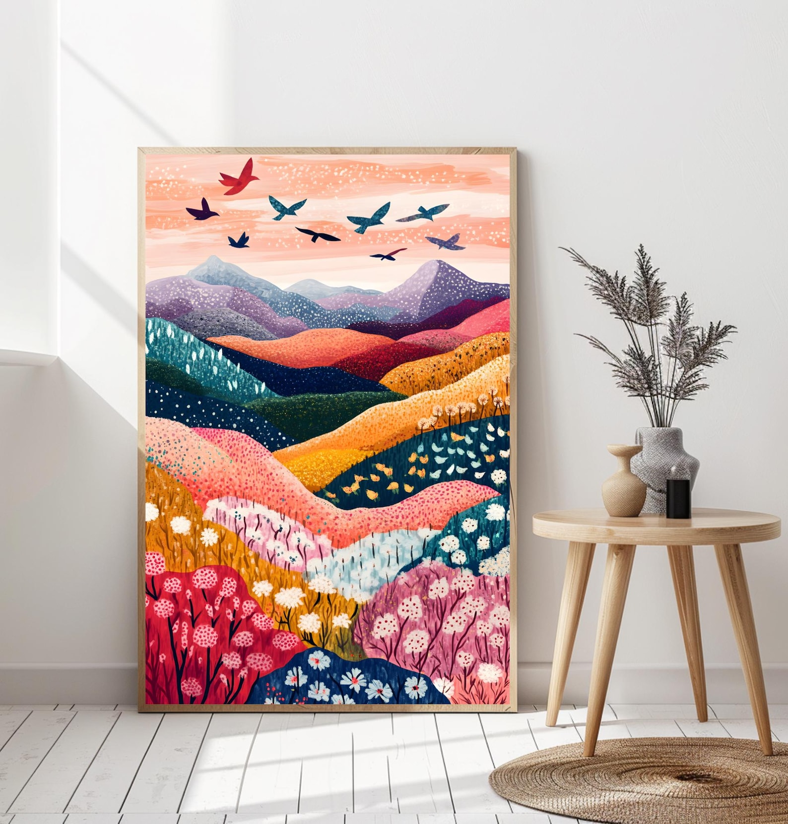 Flying Bird Flock Painting Abstract Mountain Artwork Abstract Flying ...