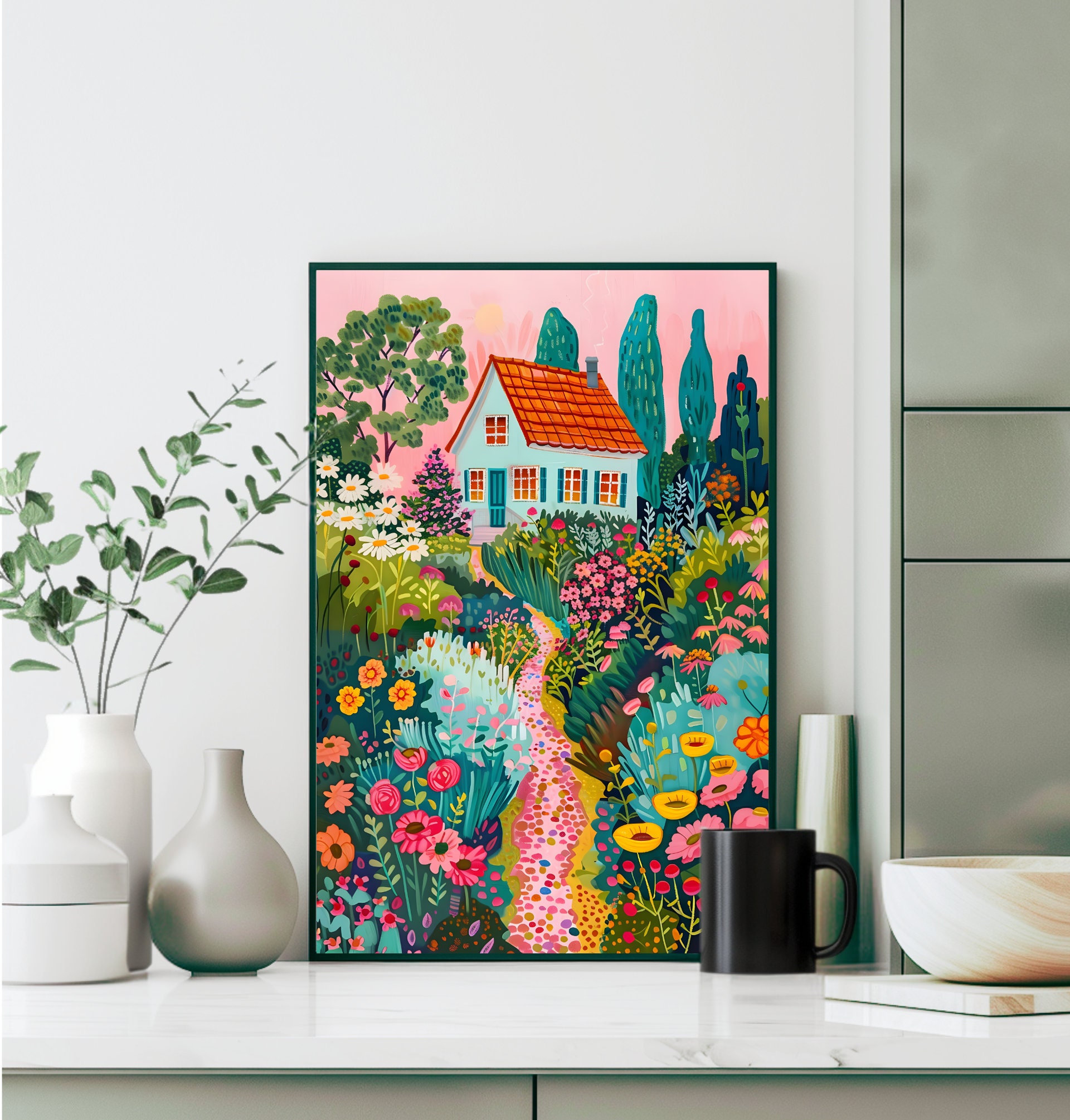 Flower Garden Illustration English Cottage Garden Painting Vibrant ...