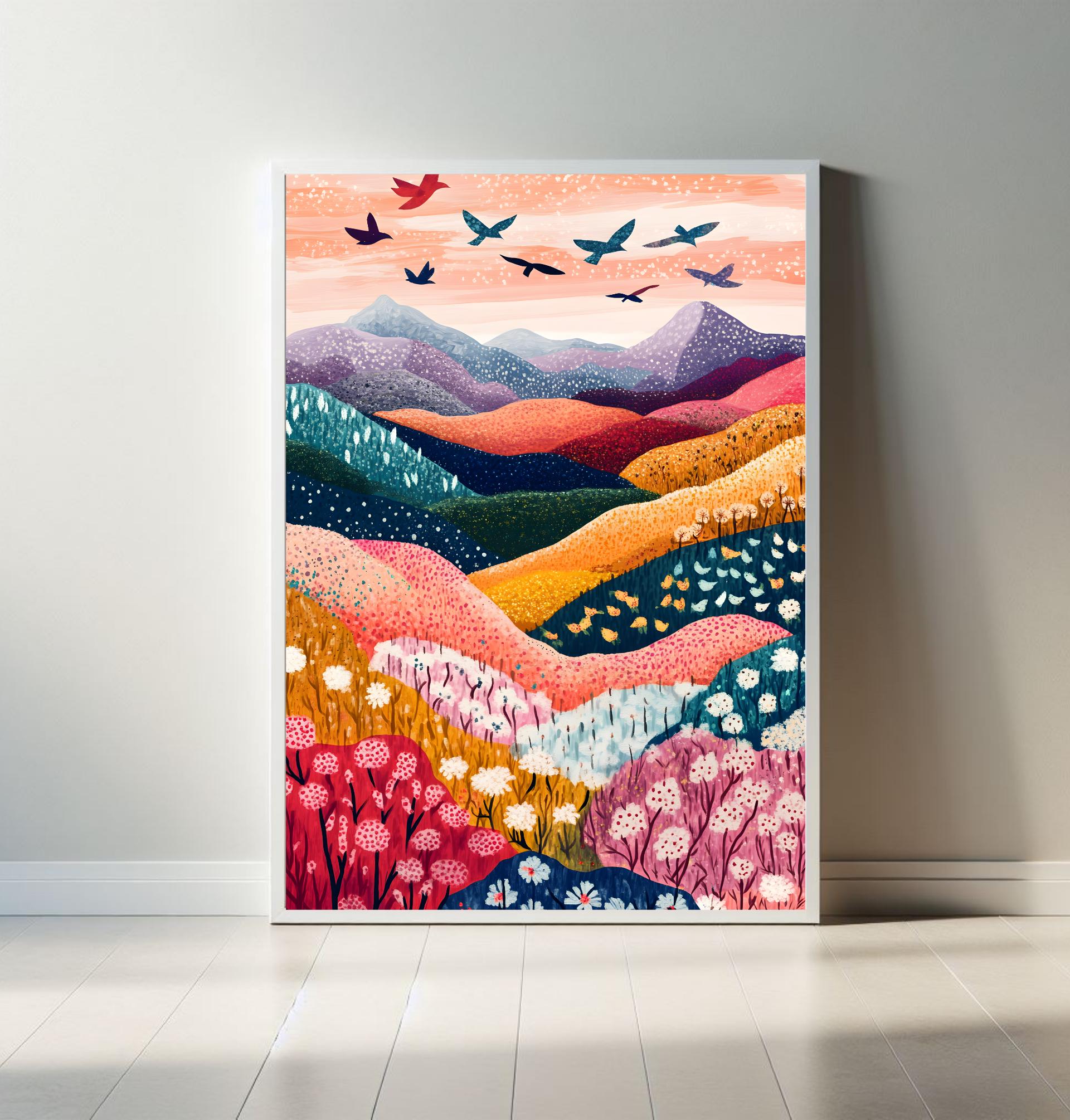 Flying Bird Flock Painting Abstract Mountain Artwork Abstract Flying ...