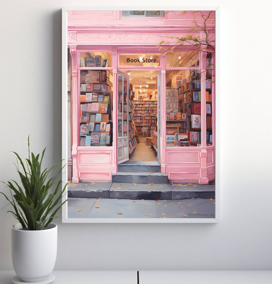 Pink Bookshop Illustration Pink Bookstore Print Bookshop Art Vintage ...