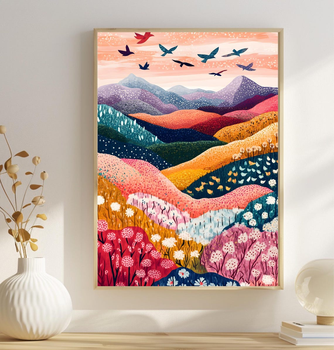 Flying Bird Flock Painting Abstract Mountain Artwork Abstract Flying ...
