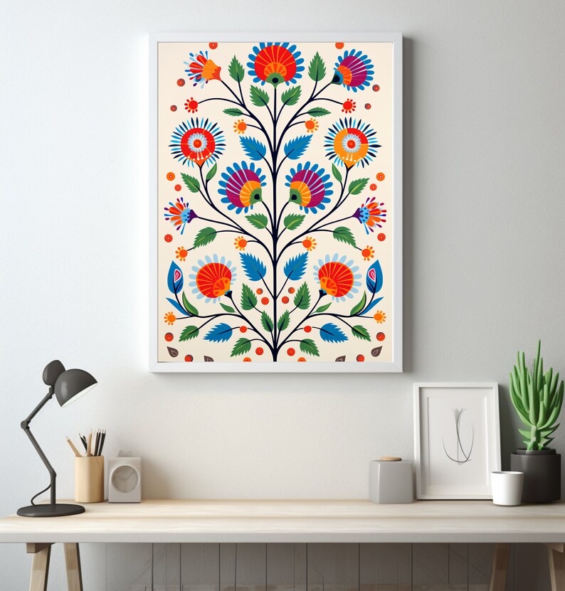 Blue and Red Indian Floral Print Indian Vintage Art Indian Folk Art ...