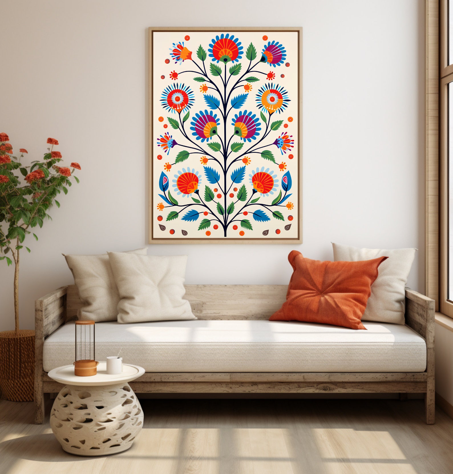 Blue and Red Indian Floral Print Indian Vintage Art Indian Folk Art ...
