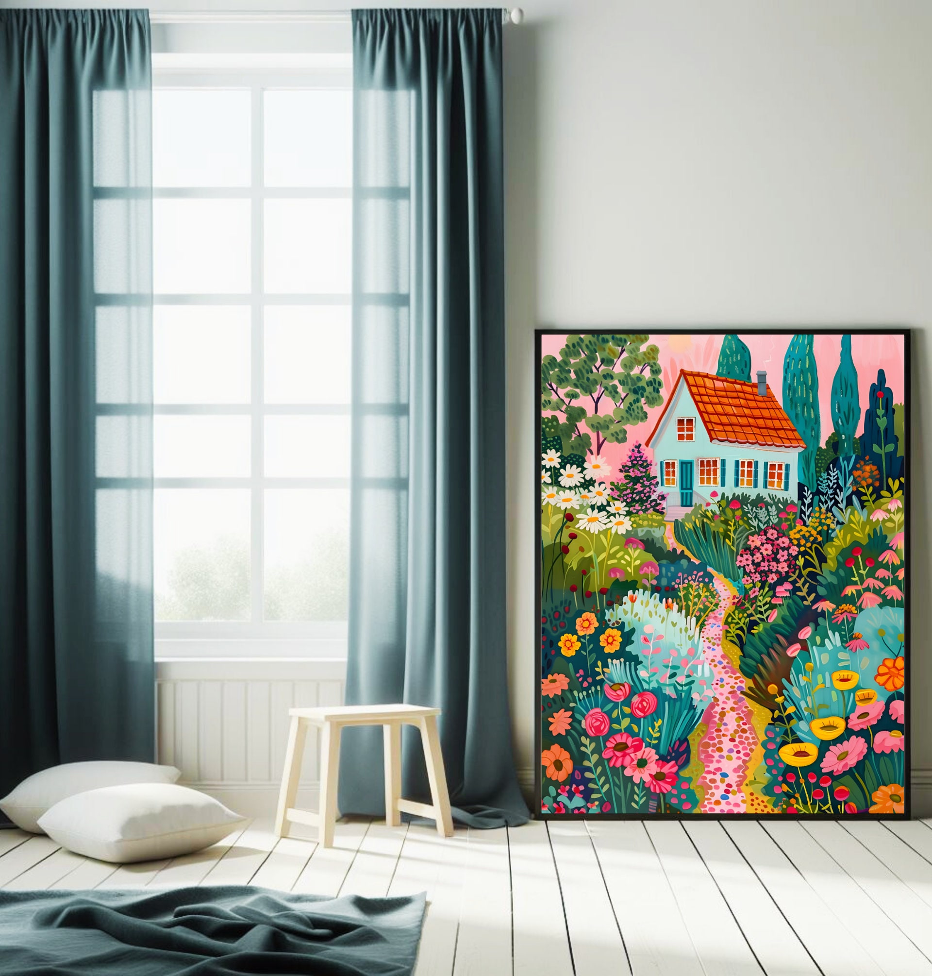 Flower Garden Illustration English Cottage Garden Painting Vibrant ...