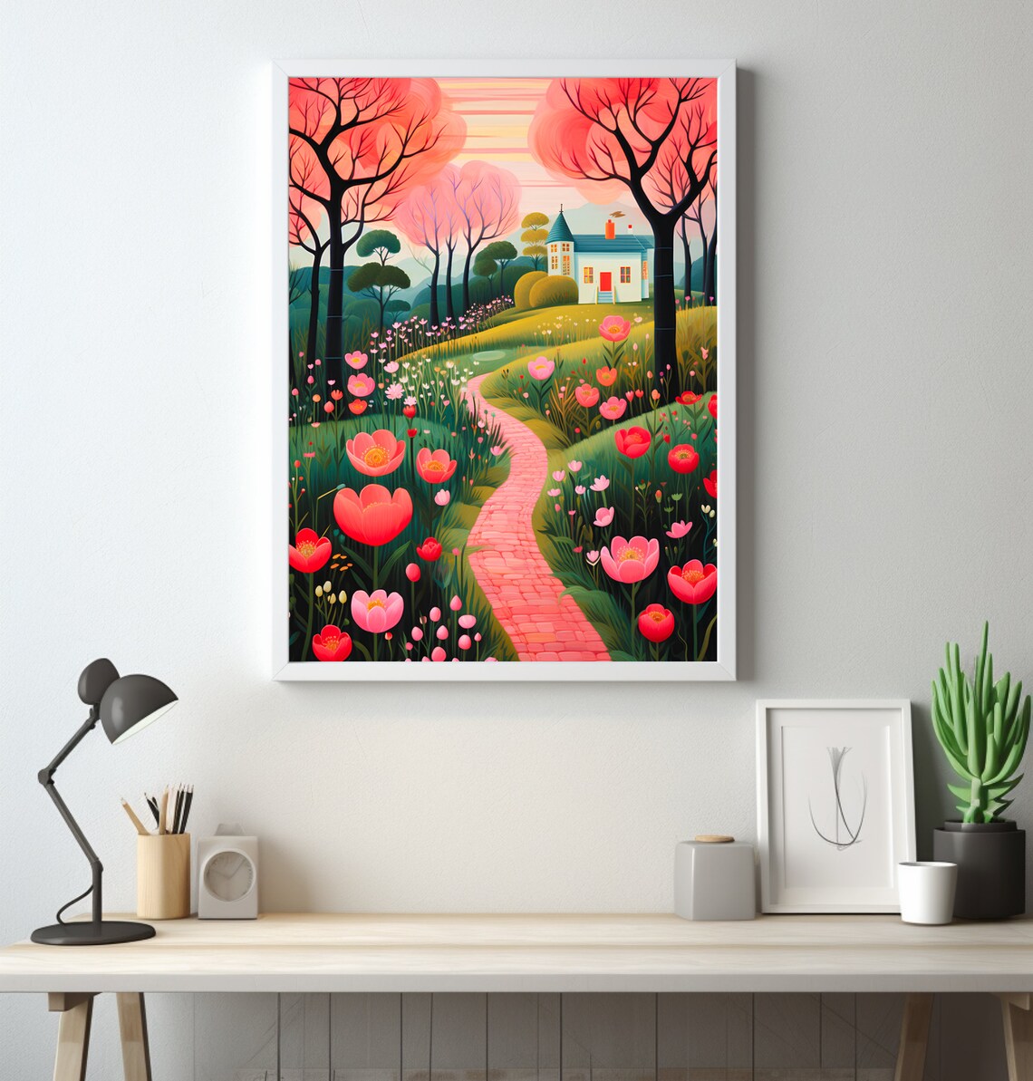 Flower Garden Illustration Colorful Scenery Wall Art Summer Bright ...