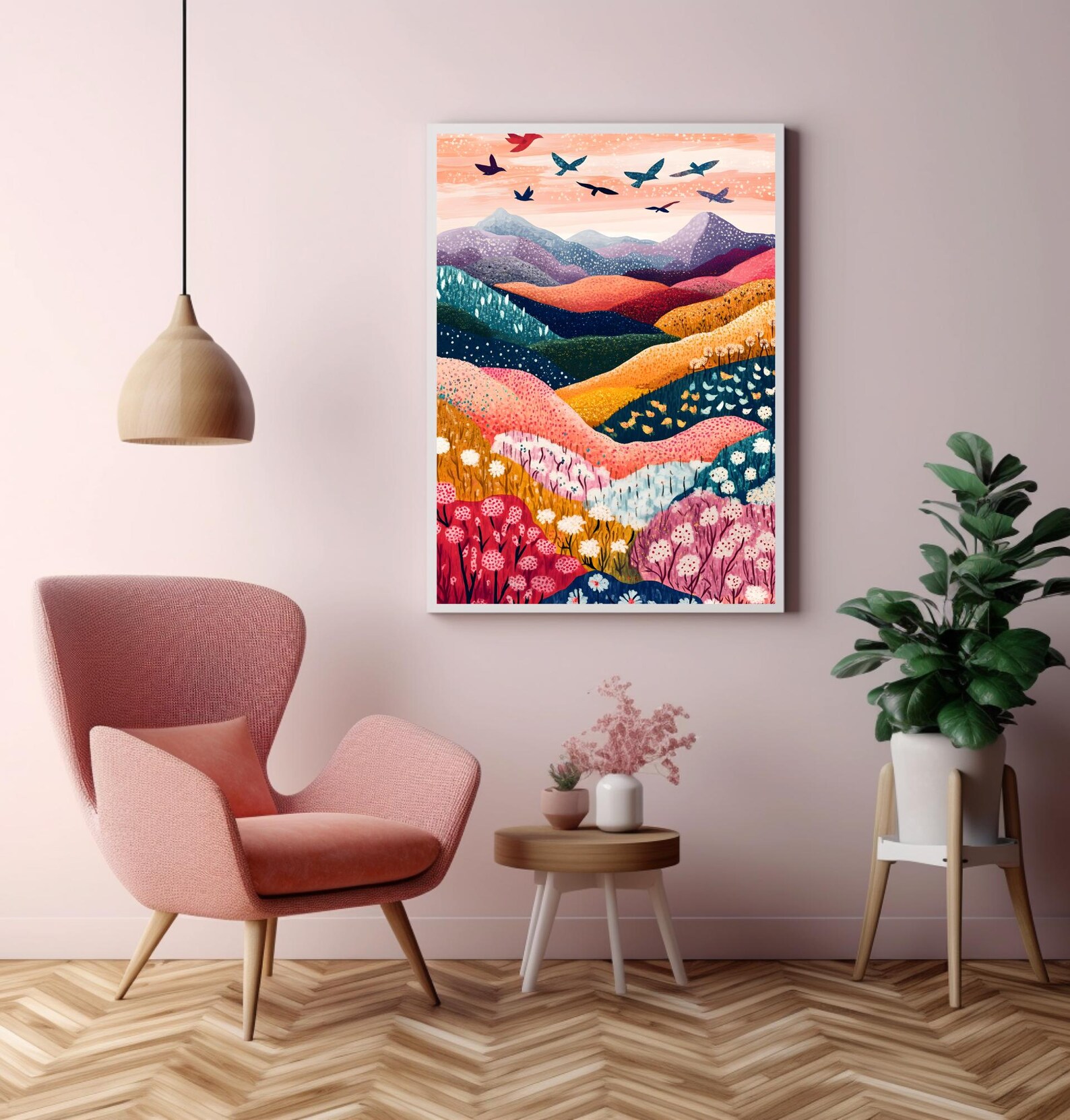 Flying Bird Flock Painting Abstract Mountain Artwork Abstract Flying ...