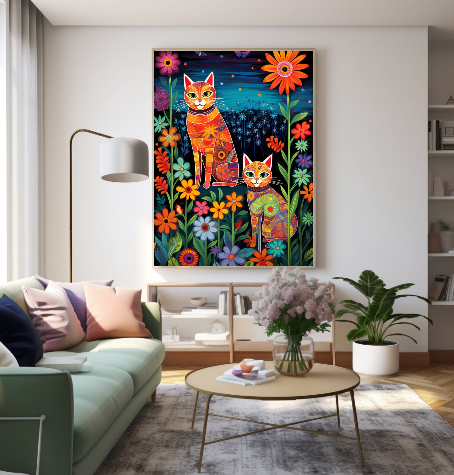 Playful Cats Printable Art Cat Lover Gift Colorful Wall Art Orange ...