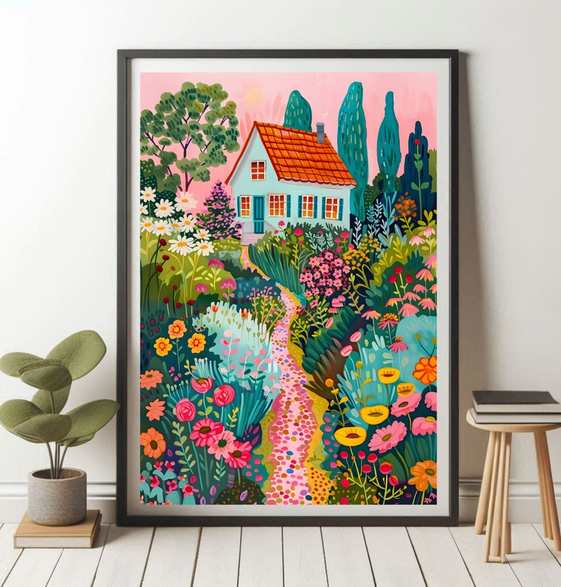 Flower Garden Illustration English Cottage Garden Painting Vibrant ...