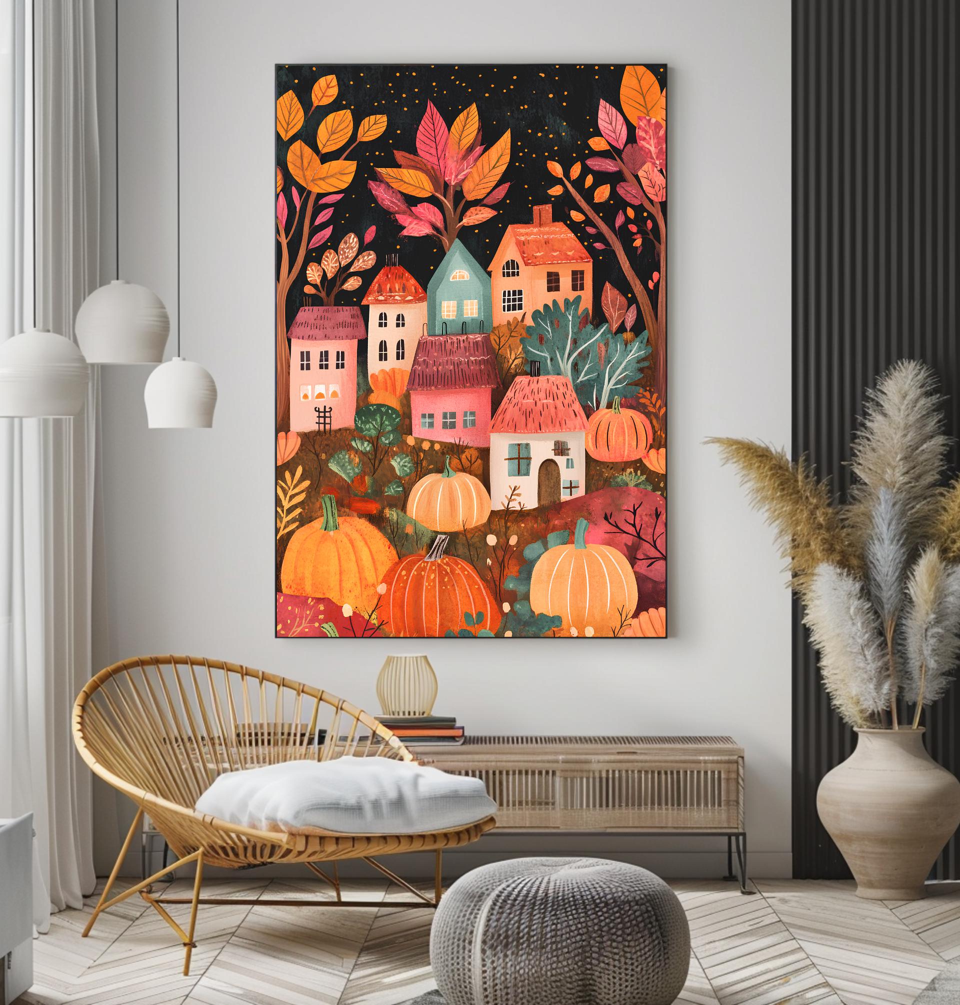 Cozy Fall Printable Fall Illustration Fall Village Folk Art Autumn ...