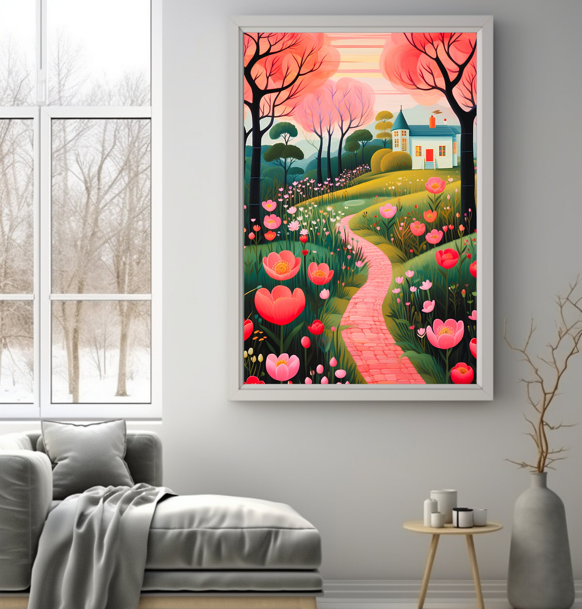 Flower Garden Illustration Colorful Scenery Wall Art Summer Bright ...