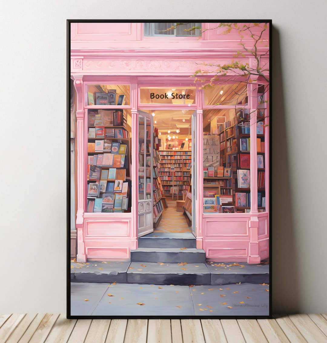 Pink Bookshop Illustration Pink Bookstore Print Bookshop Art Vintage ...