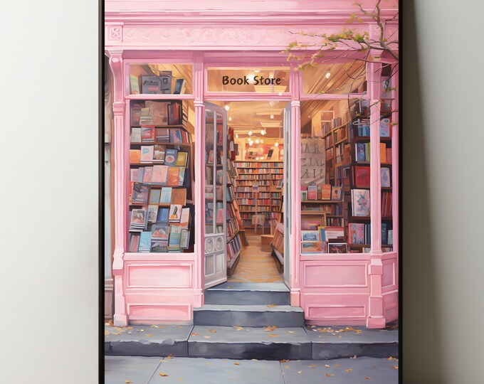 Pink Bookshop Illustration Pink Bookstore Print Bookshop Art Vintage ...