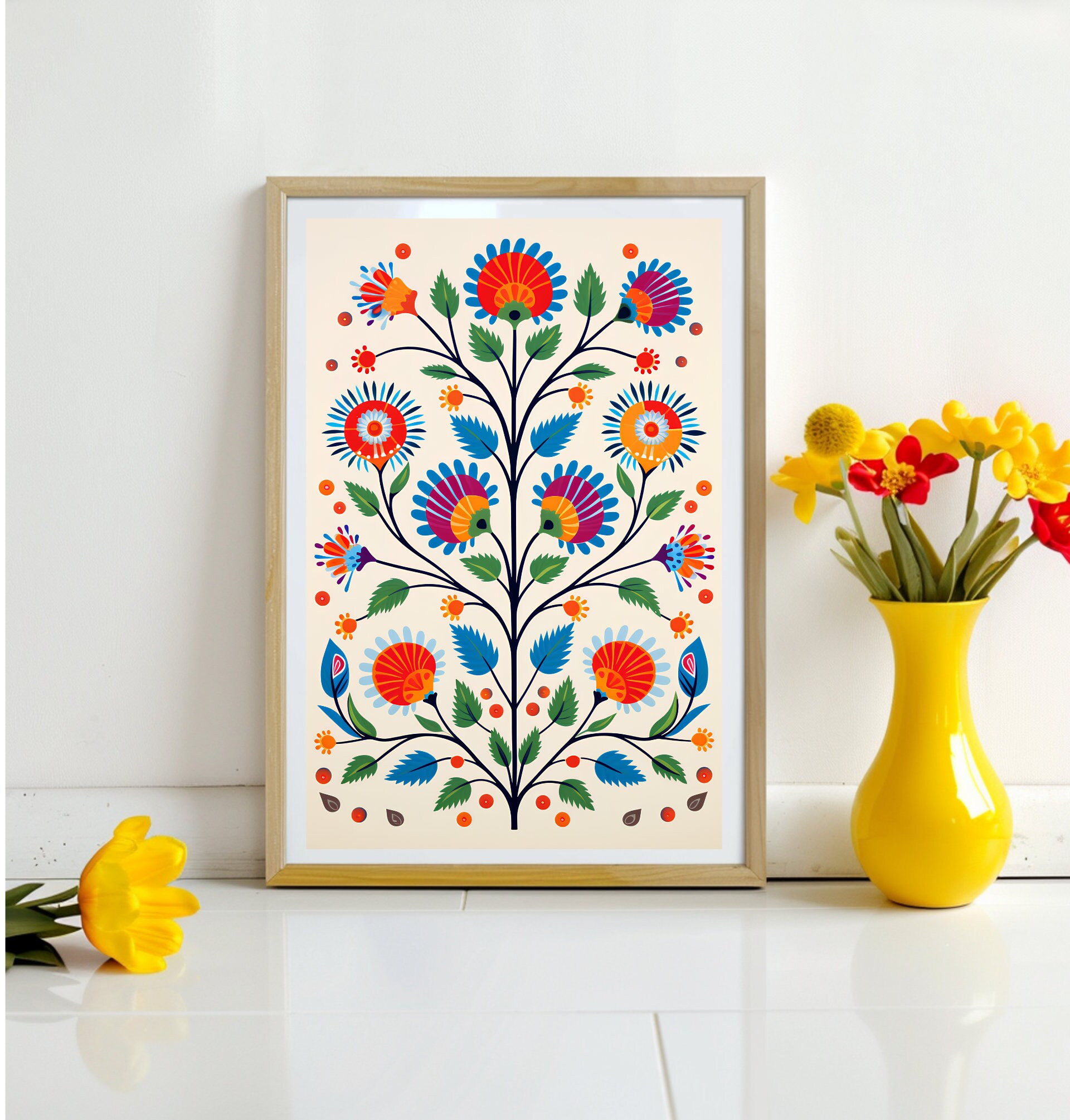 Blue and Red Indian Floral Print Indian Vintage Art Indian Folk Art ...