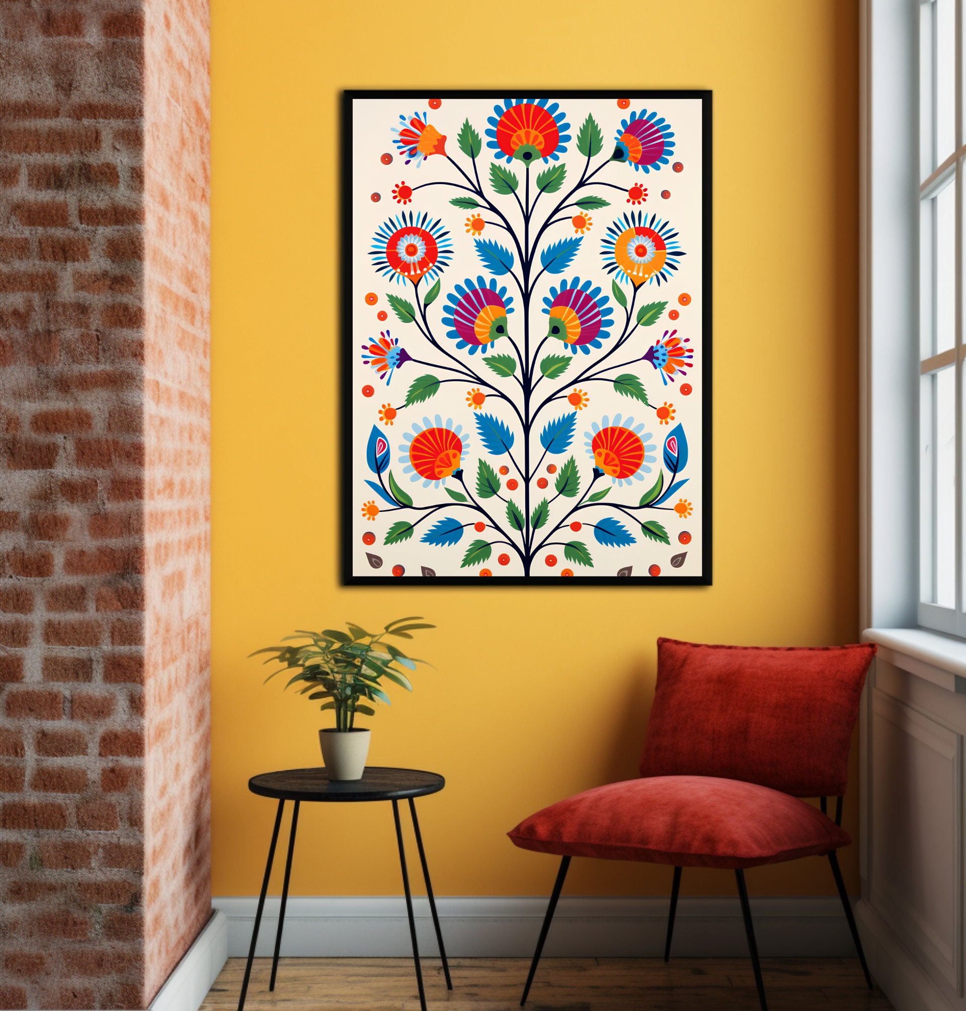 Blue and Red Indian Floral Print Indian Vintage Art Indian Folk Art ...