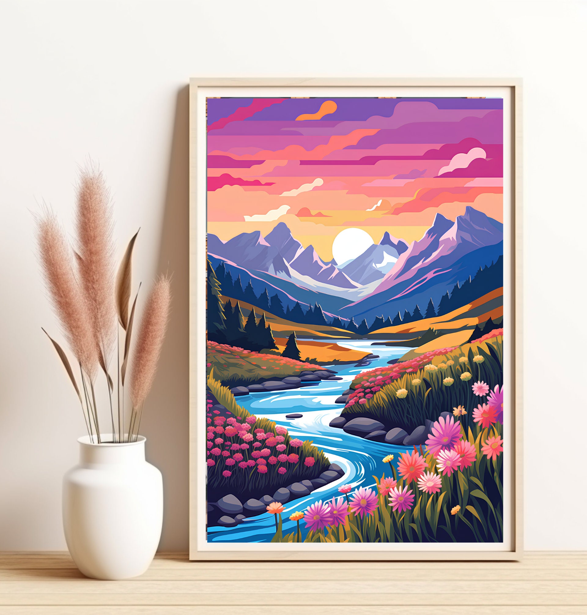 Abstract Mountain Illustration, Acrylic Mountain Painting, Nature ...
