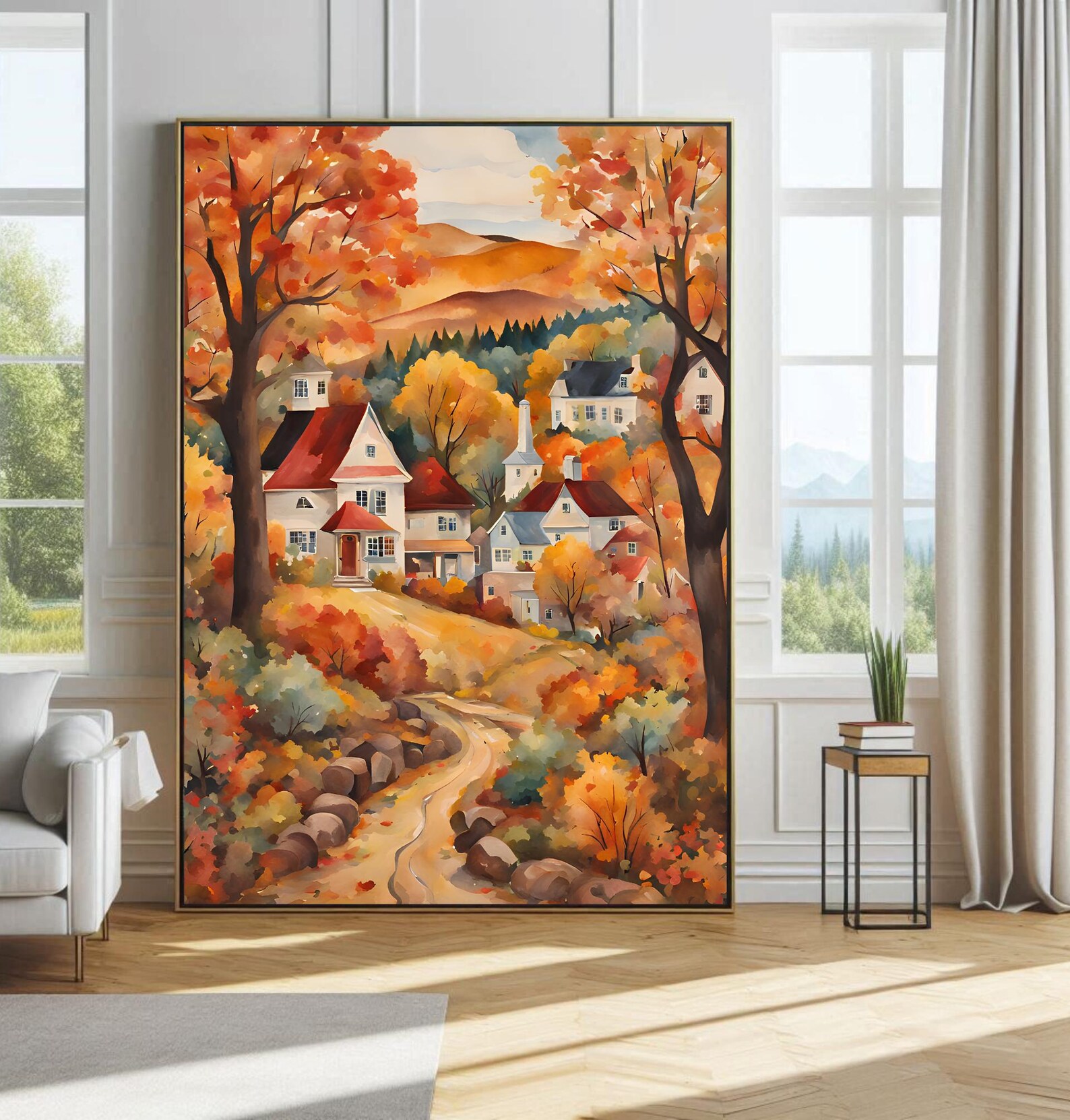 Cozy Fall Printable Art Fall Village Folk Art Print Autumn Cottage Art ...