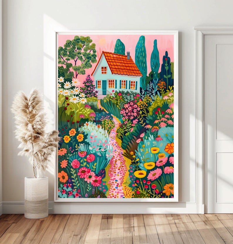 Flower Garden Illustration English Cottage Garden Painting Vibrant ...