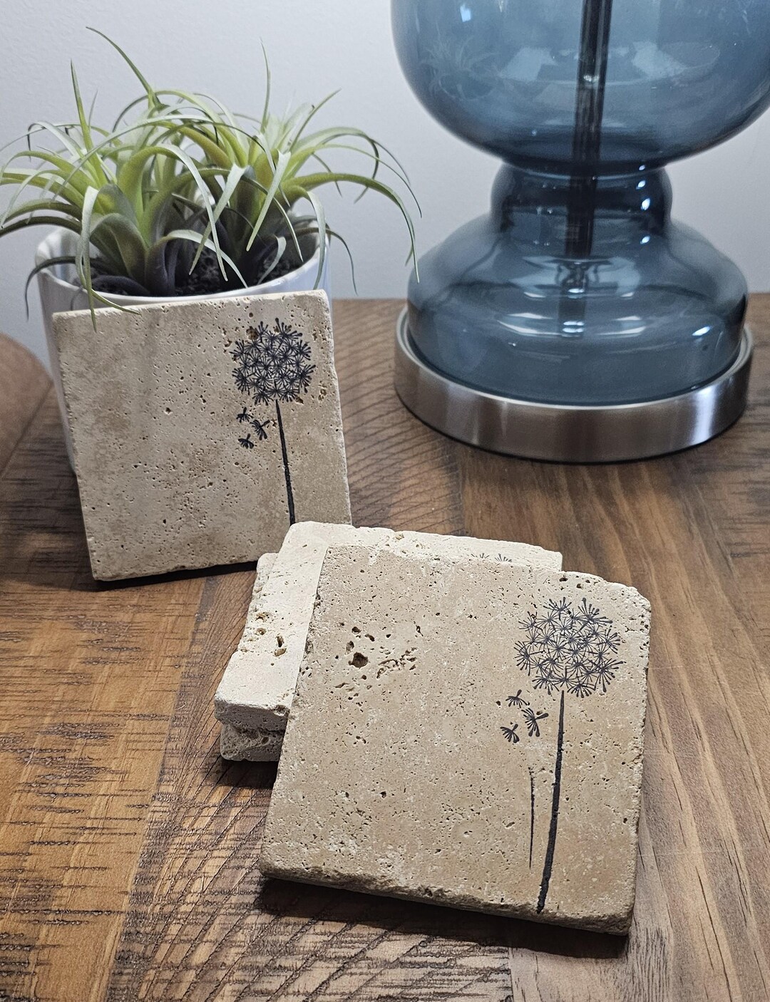 Dandelion Poof Travertine Stamped Coaster Set - Etsy