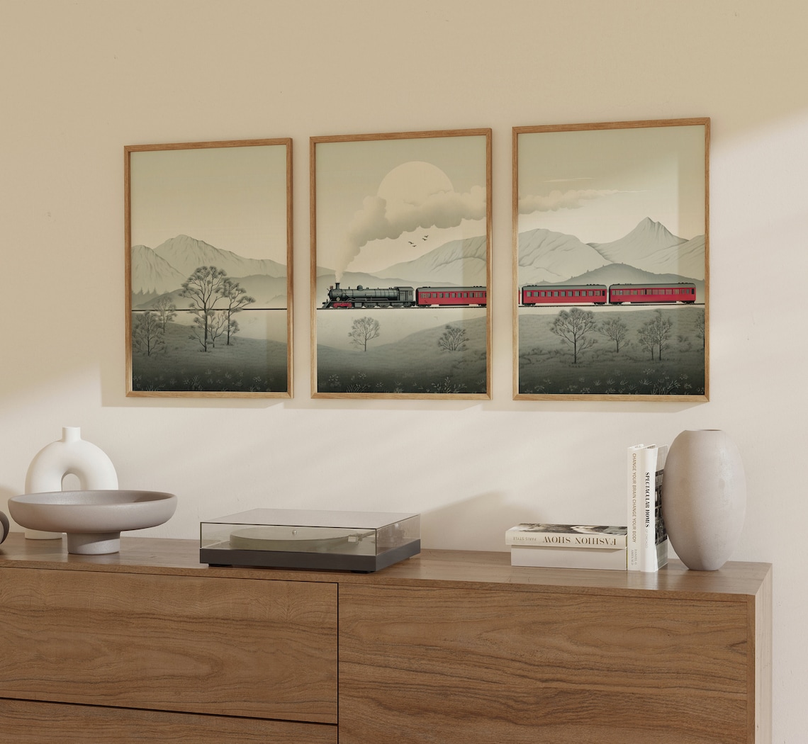 Aesthetic Steam Engine Train in Countryside Landscape, Set of 3 Wall ...