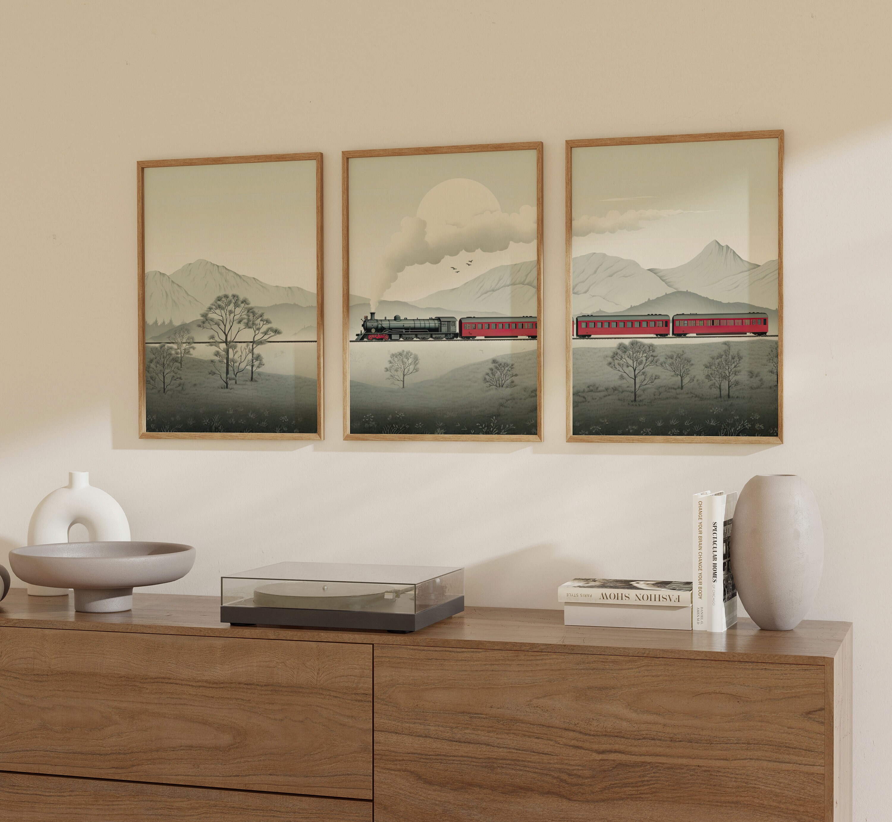 Aesthetic Steam Engine Train in Countryside Landscape, Set of 3 Wall ...