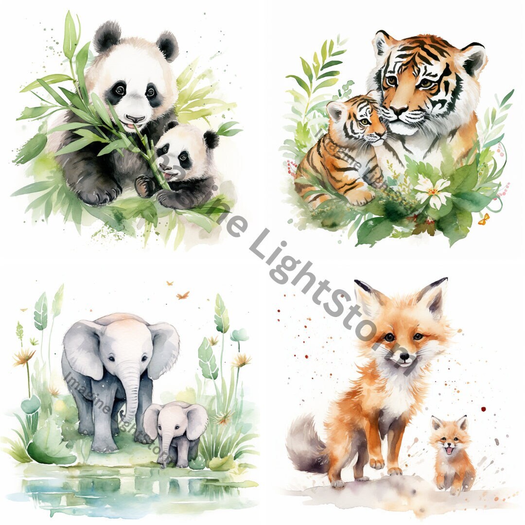 Watercolor Baby Animals Clipart - Mother and Baby Wild Animals in PNG ...